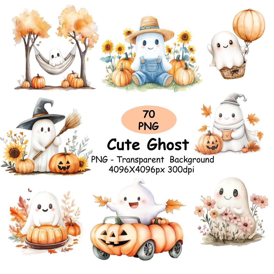 Cute Halloween Ghost Clipart Bundle, 70 Cute Ghost Watercolor Clipart ...