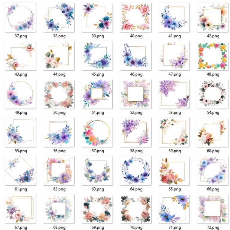 96 Watercolor Flower Frames Clipart, Round and Square Floral Frame ...