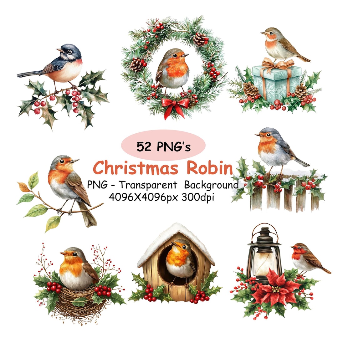 52 Christmas Robin Clipart, Watercolor Christmas Robin Bird Clipart ...