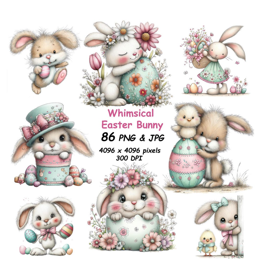 86 Whimsical Bunny Easter Clipart, PNG & JPG Files, Digital Printable ...