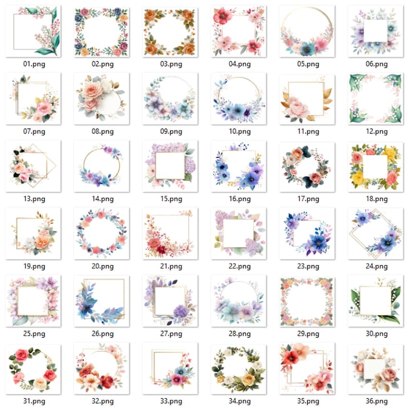 96 Watercolor Flower Frames Clipart, Round and Square Floral Frame ...