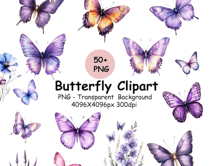 Lavender Butterfly Clipart Bundle 18 PNG Watercolor Cute Purple ...