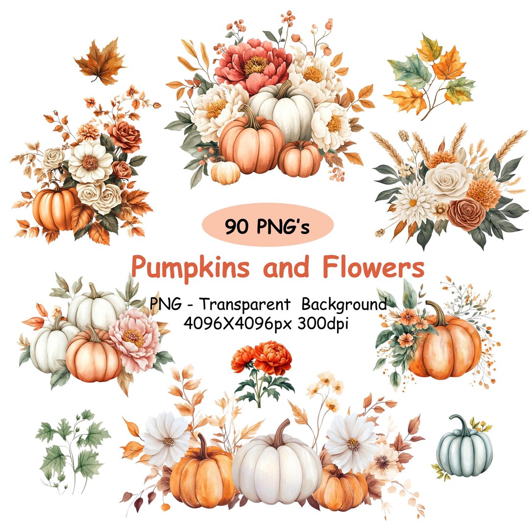90 Pumpkins and Flowers Clipart, Watercolor Fall Pumpkin Bouquet ...