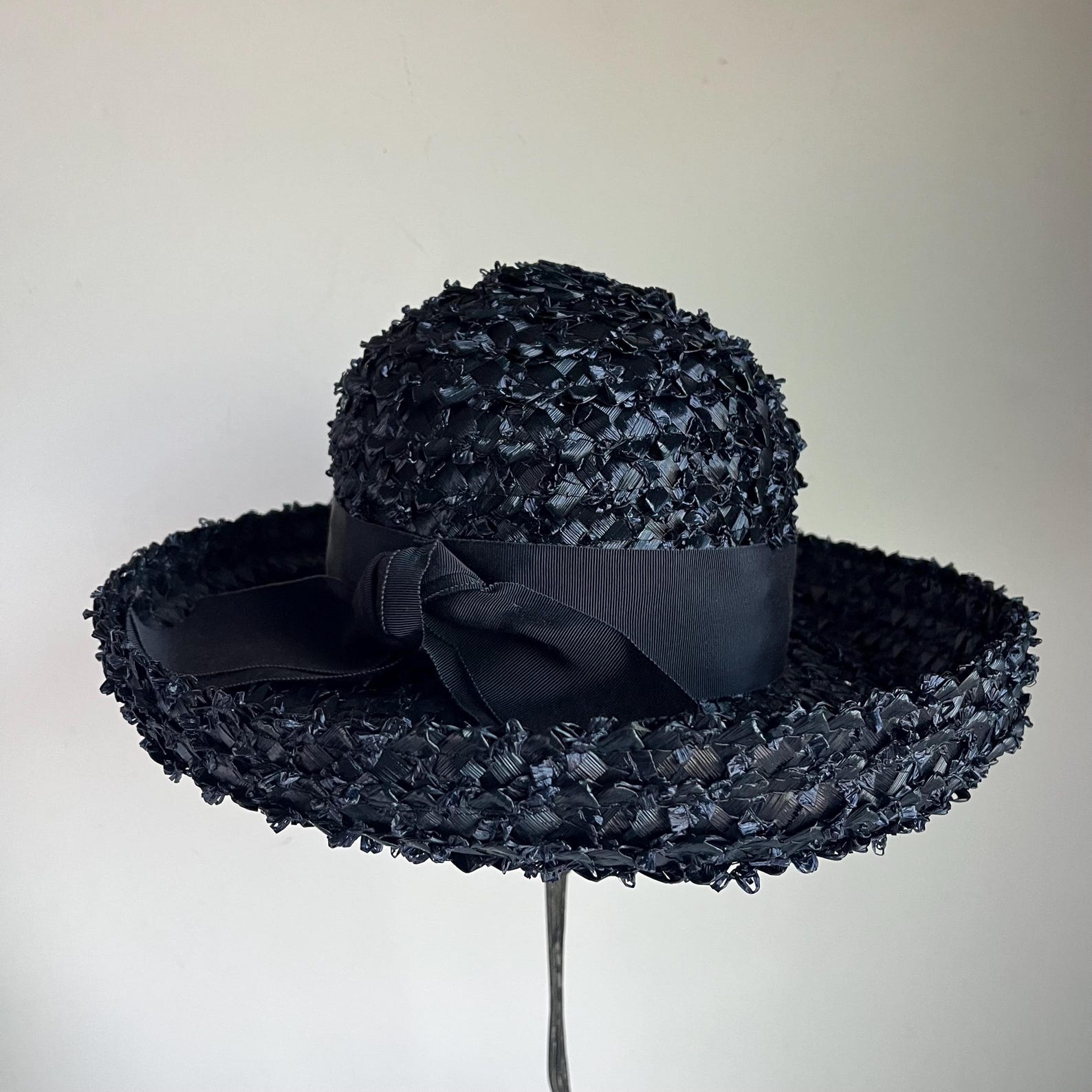 Vintage Dark Blue Straw Hat With Ribbon Bow – Classic Wide Brim Style ...