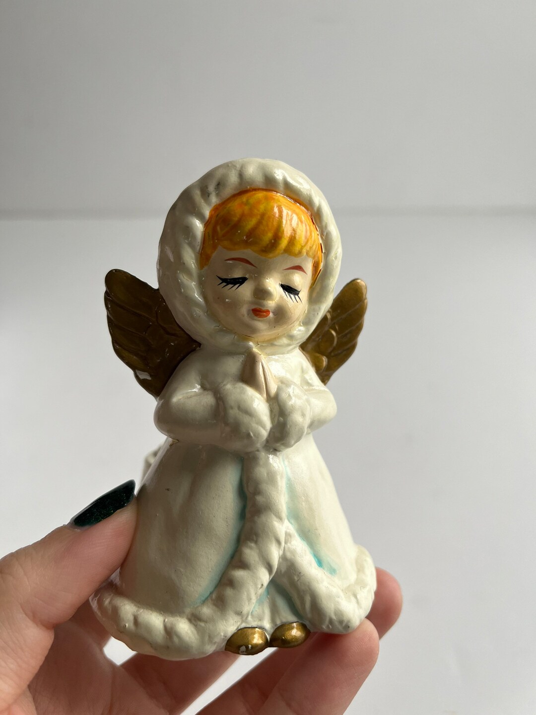 Vintage Angel Figurine Candle Holder - Red-haired Angel With Gold Wings ...