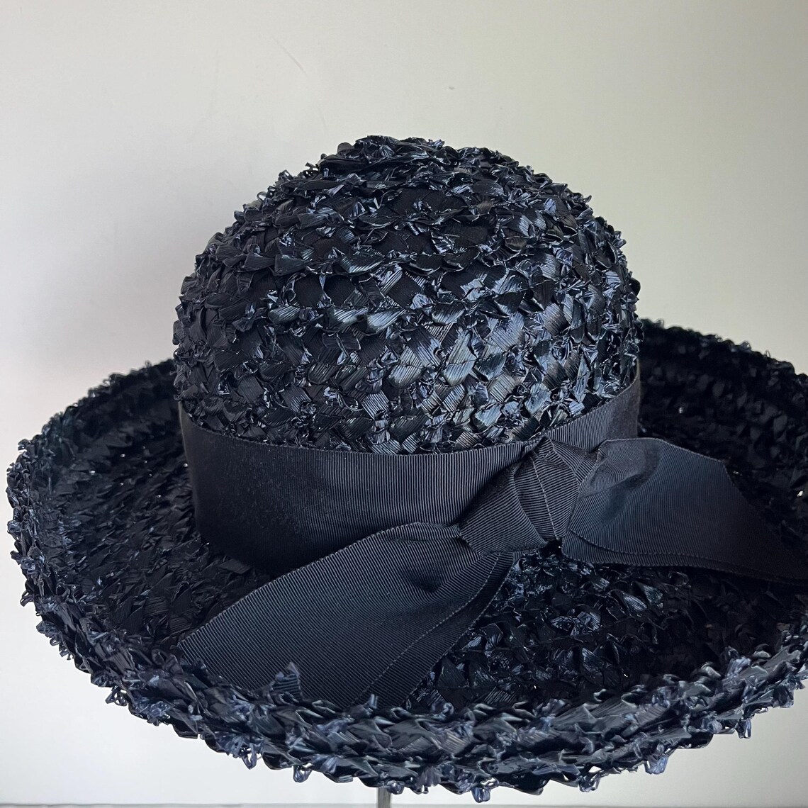 Vintage Dark Blue Straw Hat With Ribbon Bow – Classic Wide Brim Style ...