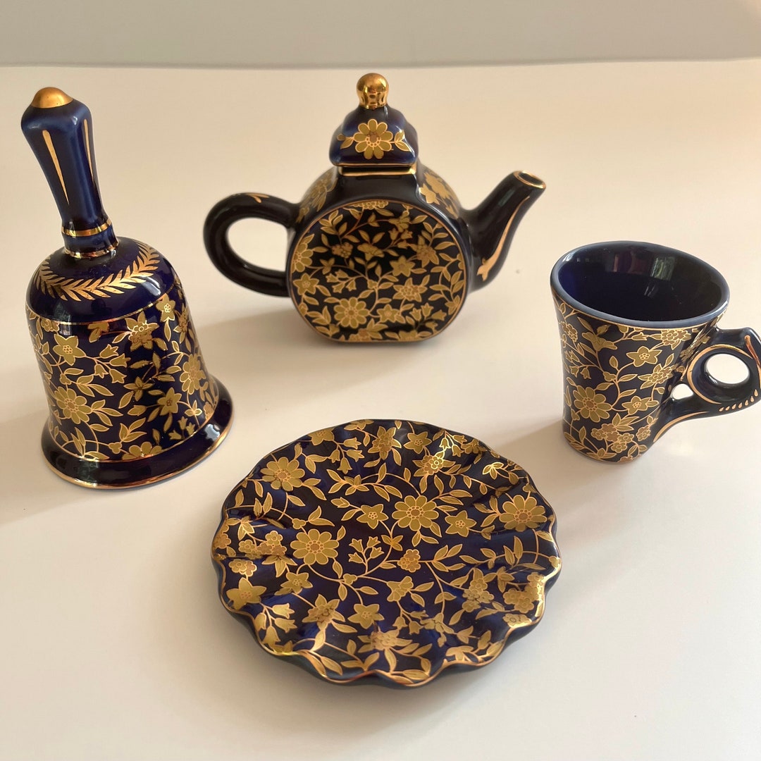 Vintage Miniature Tea Set - Teapot, Cup, Plate, and Bell - Dark Blue ...
