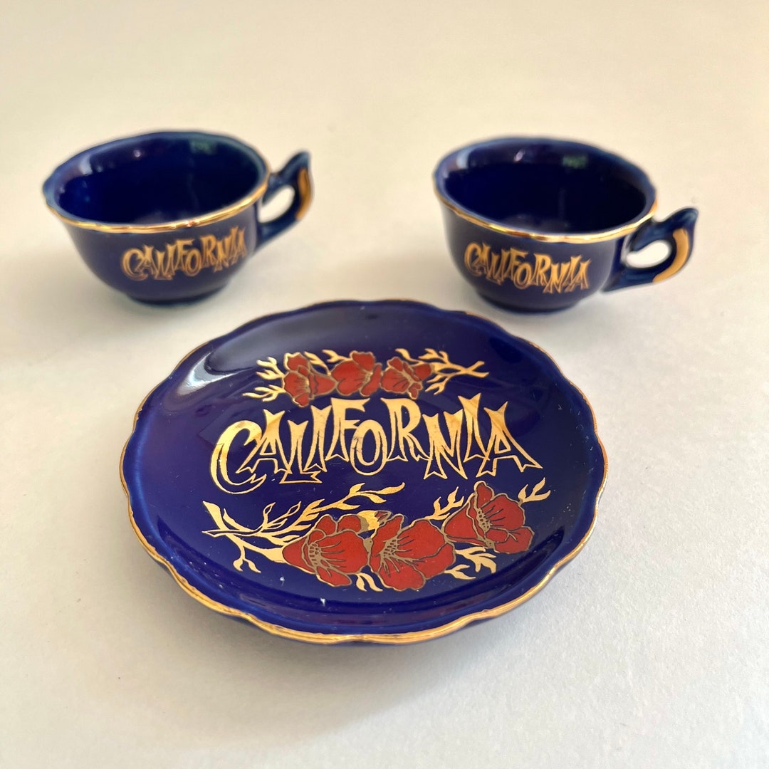 Vintage Set of 2 Miniature Tea Cups and Plate - Bold Blue With Gold ...