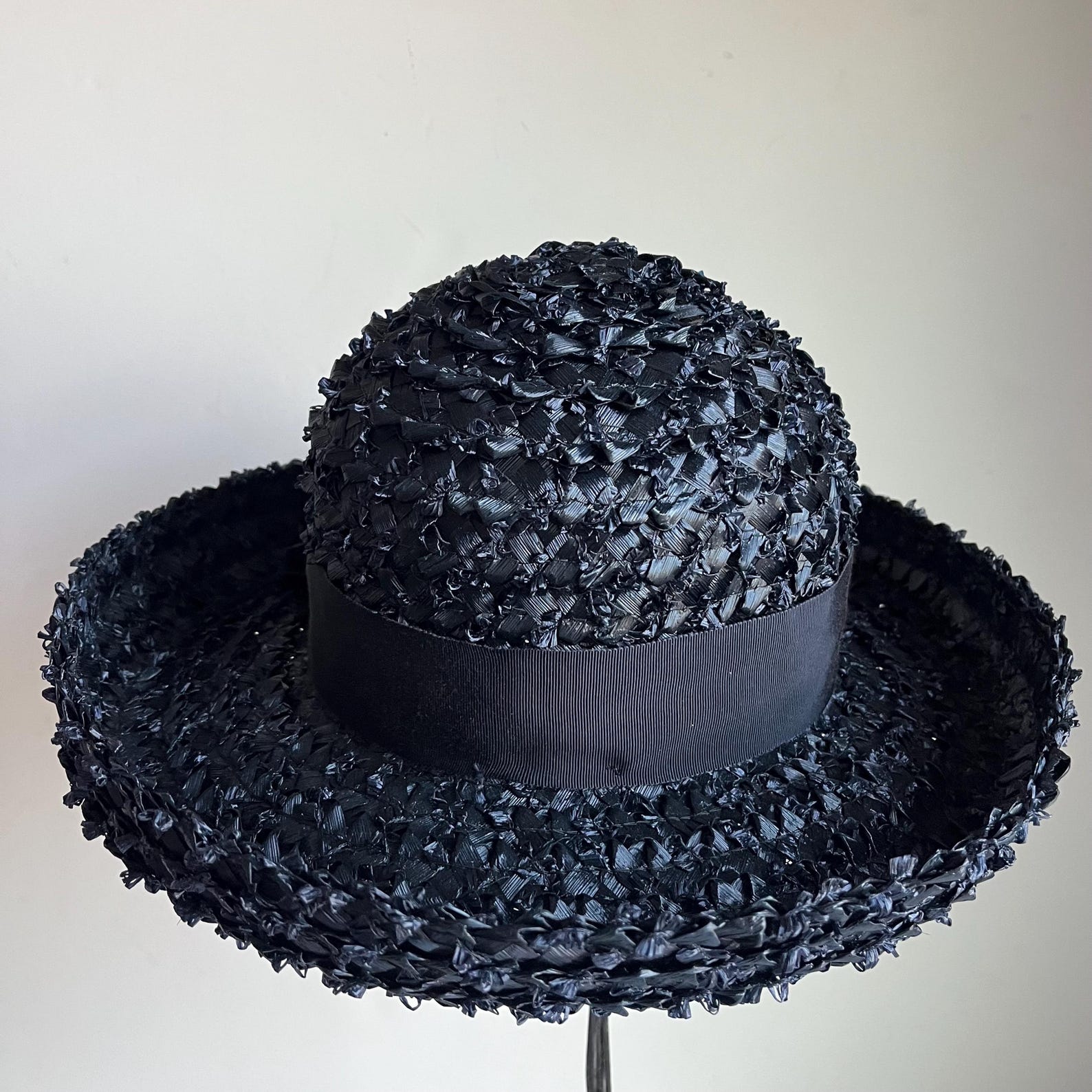 Vintage Dark Blue Straw Hat With Ribbon Bow – Classic Wide Brim Style ...