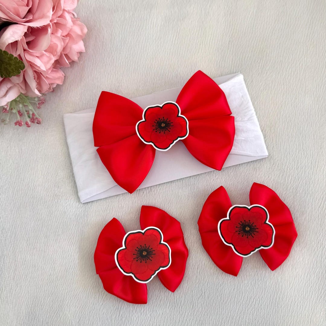 Remembrance Day Red Poppy Bow | Red Bows | White Headband | Nylon ...