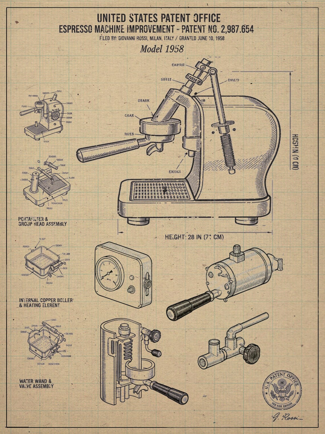 Vintage Espresso Machine Patent Print | Coffee Maker Blueprint Art ...