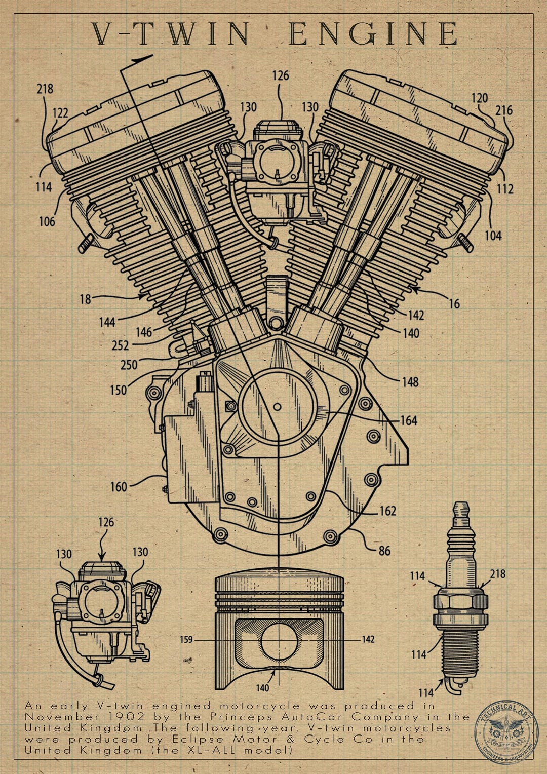 Vintage V-twin Engine Patent Print | Motorcycle Motor Blueprint Wall ...