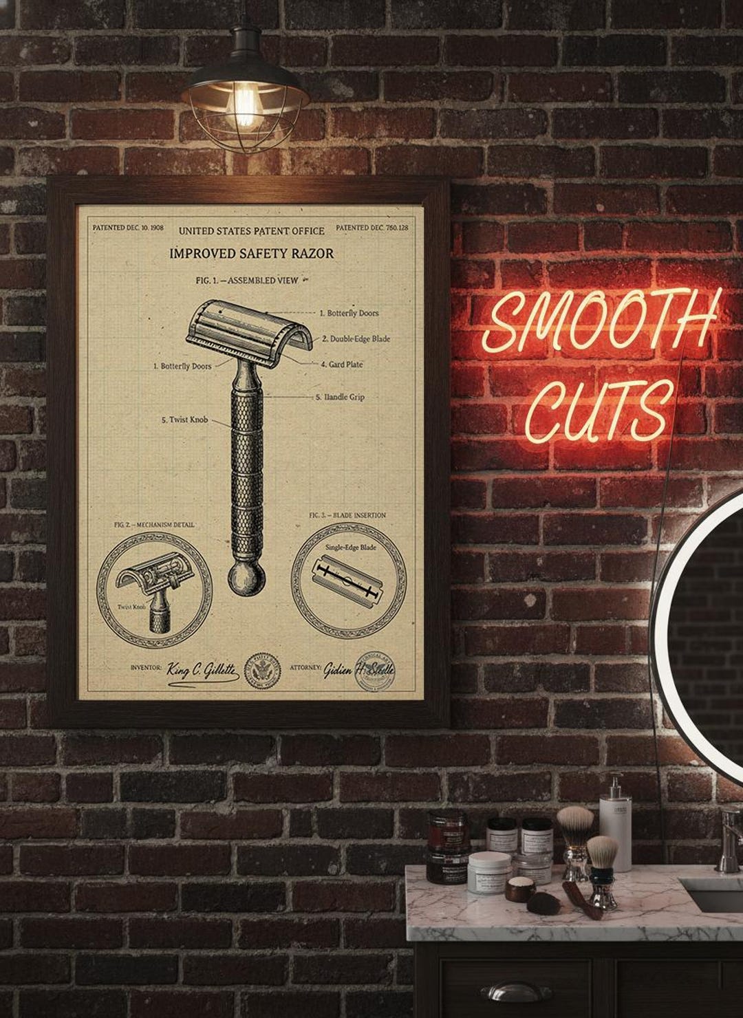 Shaving Razor Patent Print | Barber Wall Art Blueprint | Barbershop ...