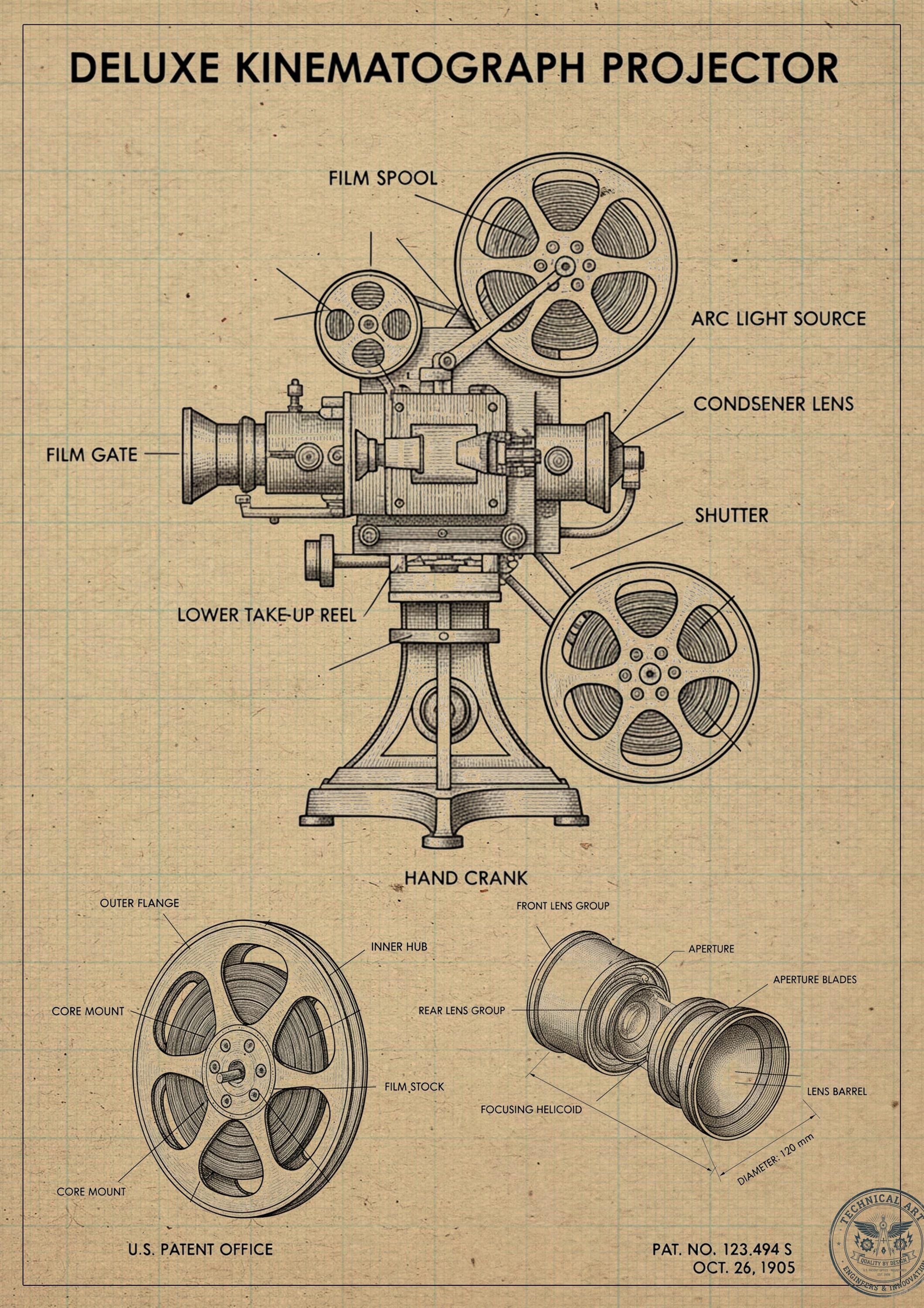 Vintage Movie Projector Patent Print | Blueprint Cinema Art (digital ...