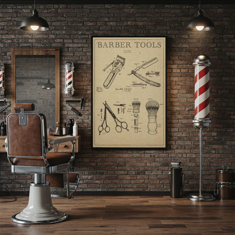 Vintage Barber Shop Blueprint Art: Barber Tools & Chair - Etsy