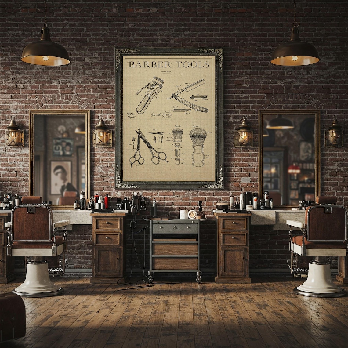Vintage Barber Shop Blueprint Art: Barber Tools & Chair - Etsy