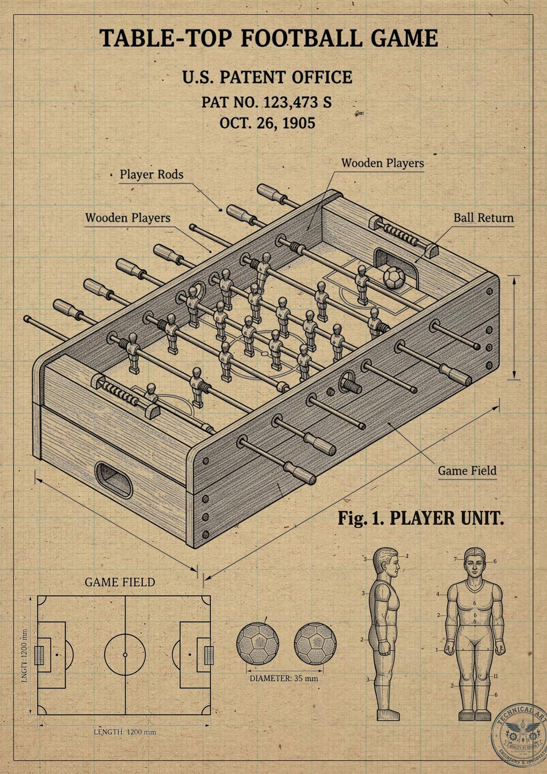 Foosball Table Patent Print | Vintage Blueprint Art (digital Download ...