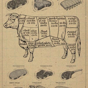 Steak Cuts Diagram Blueprint Art | Retro Kitchen Print (digital ...