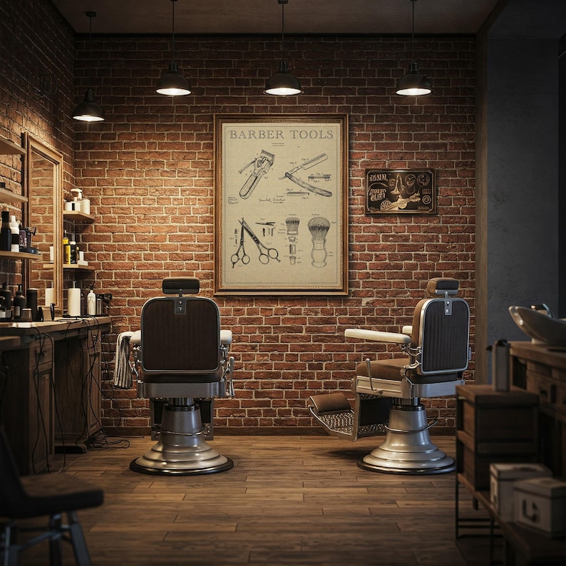 Vintage Barber Shop Blueprint Art: Barber Tools & Chair - Etsy