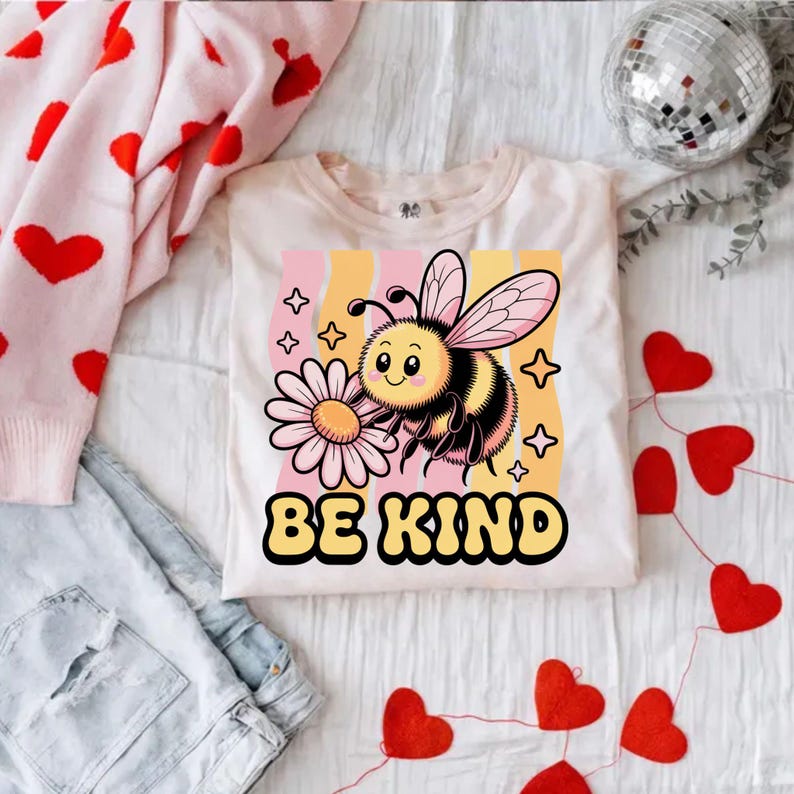 Be Kind PNG Retro Bee Flower Shirt Design Positive Kindness Quote ...