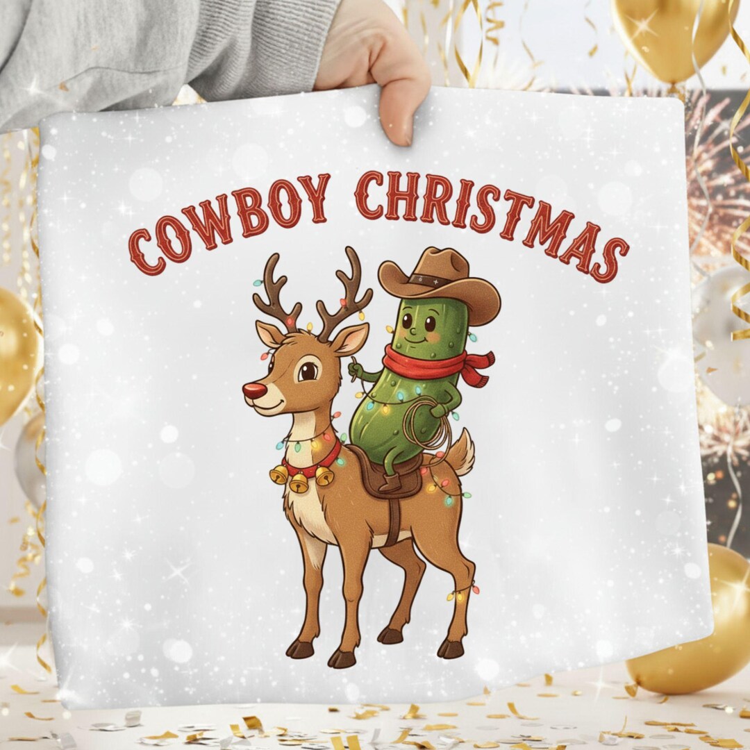 Vintage Cowboy Christmas Pickle PNG Cute Funny Pickle Riding Reindeer ...