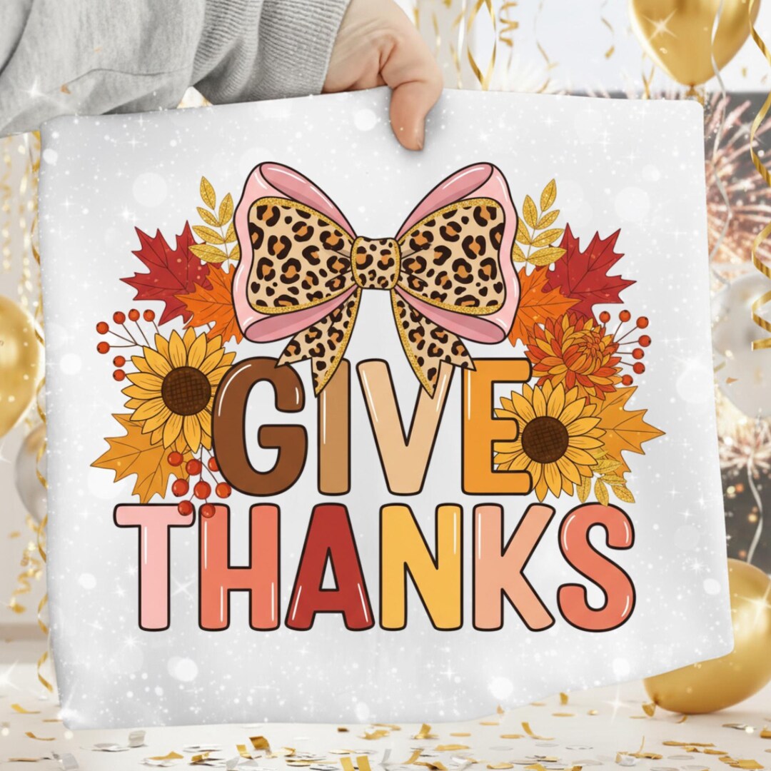 Give Thanks PNG: Leopard Bow & Autumn Leaves Sublimation (digital ...
