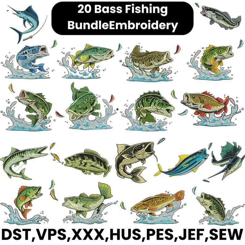 20 Bass Fishing Embroidery Bundle, Largemouth Smallmouth Fish Machine ...