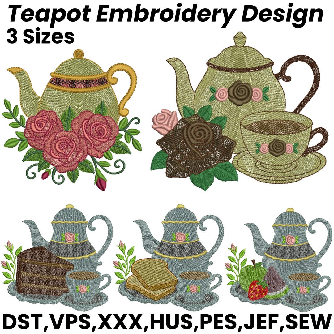 Teapot Embroidery Design, Strawberry Jam Cup, Kettle Design, Mini ...
