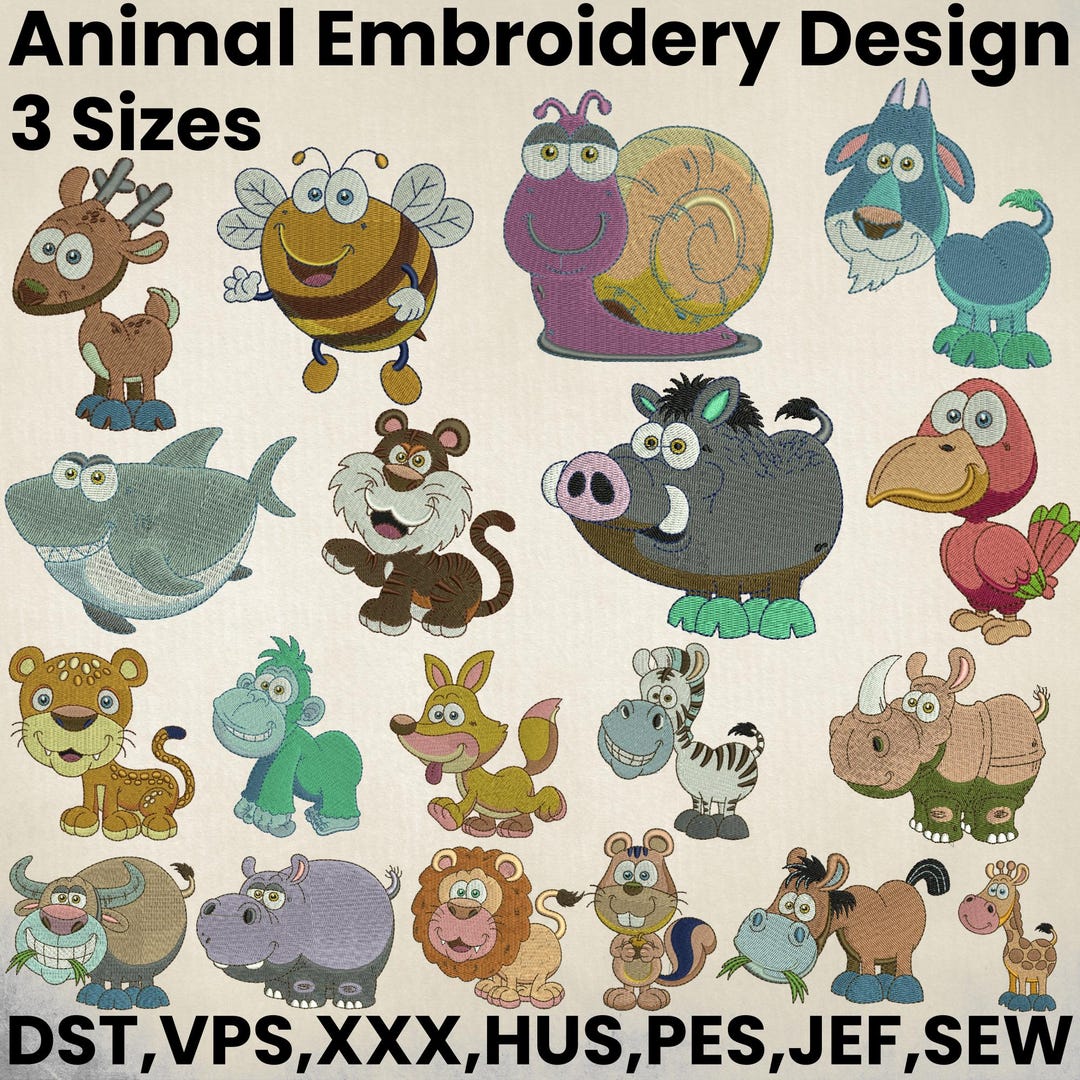 Cartoon Animals Embroidery Design, Safari Embroidery, Zoo Embroidery ...