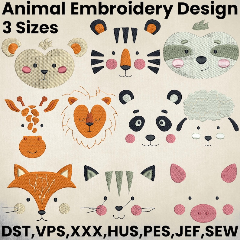 Animal Faces Embroidery Design, Safari World Animals Embroidery, Pet ...