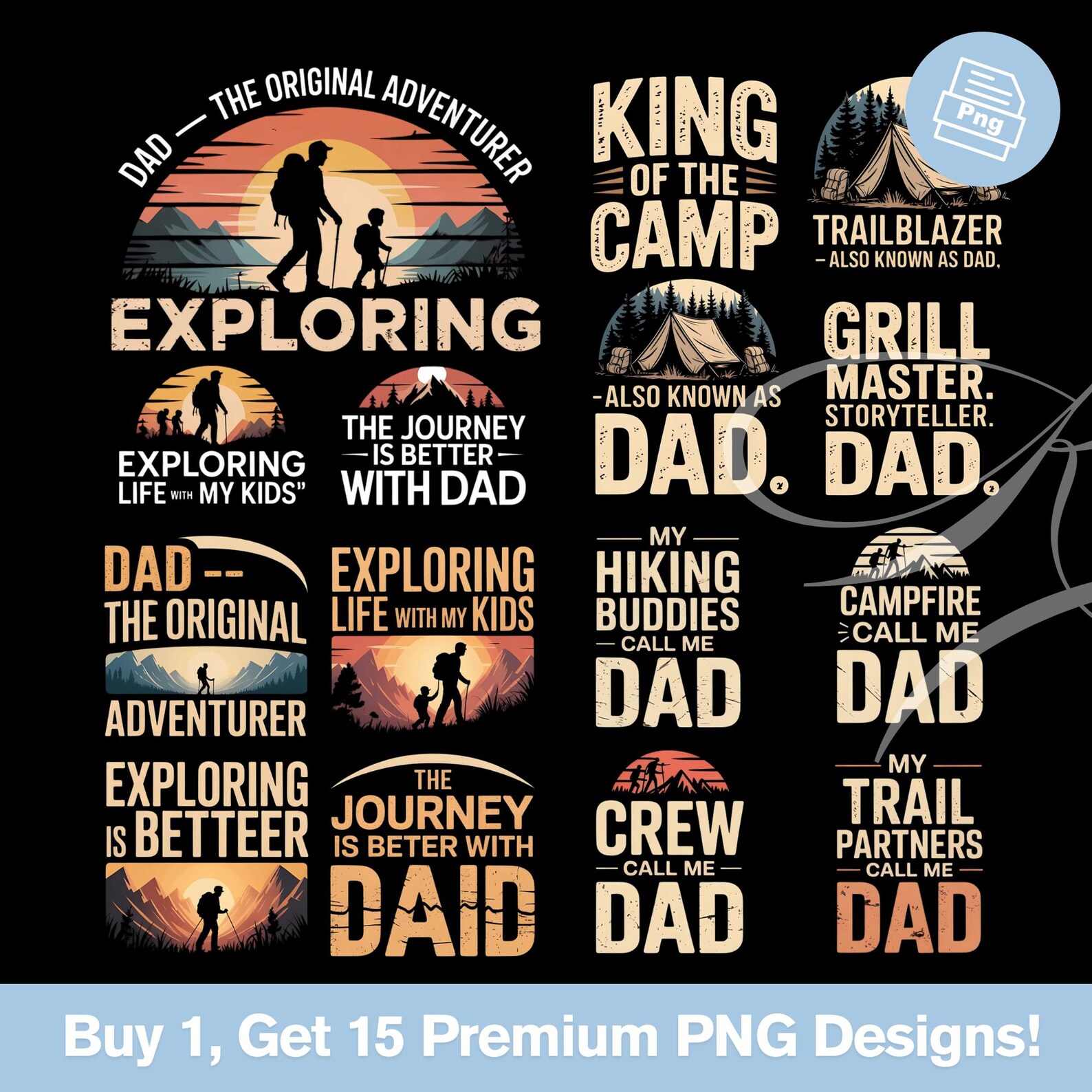 Dad Camping PNG Bundle | 15 Outdoor Adventure & Hiking Dad PNG Designs ...
