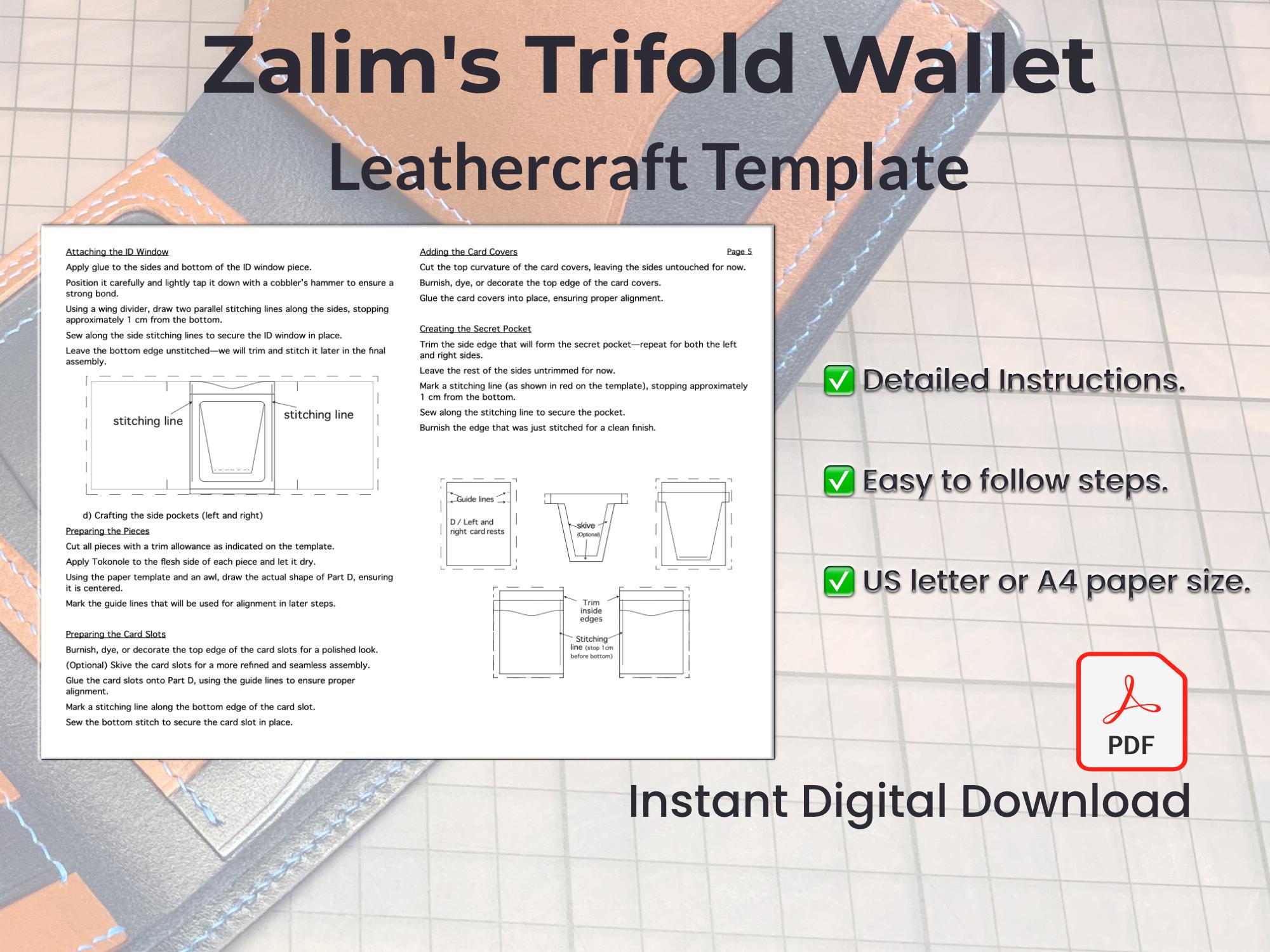 Leather Trifold Wallet Template – DIY Leathercrafting Pattern (PDF ...