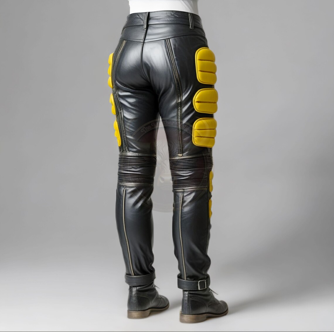 Men’s Black Leather Biker Pants With Yellow Padded Armor – Gothic Punk ...