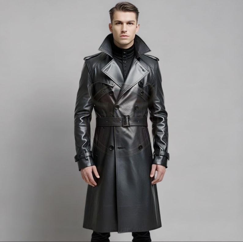 Men’s Black Leather Trench Coat | Genuine Long Gothic Overcoat | Double ...