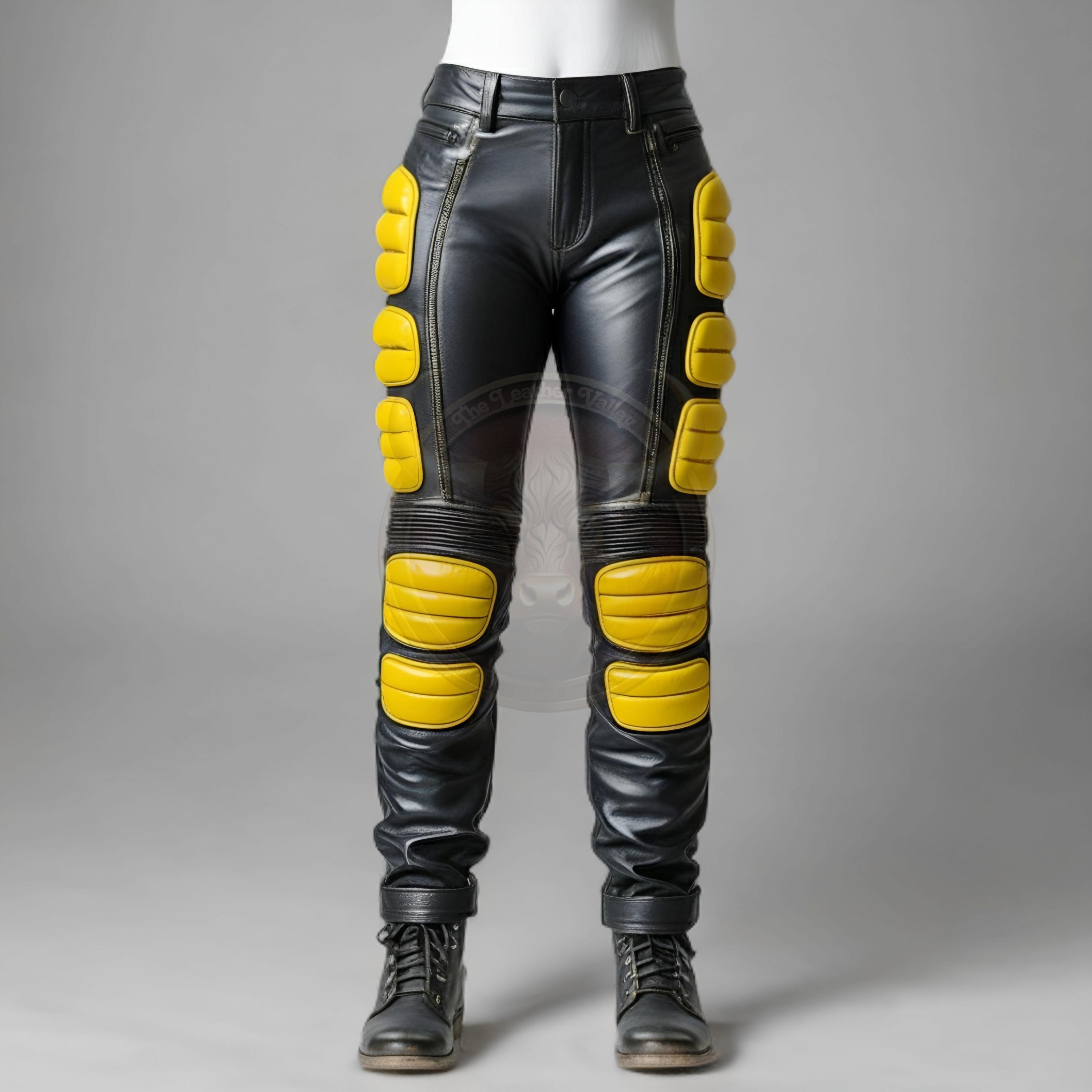 Men’s Black Leather Biker Pants With Yellow Padded Armor – Gothic Punk ...