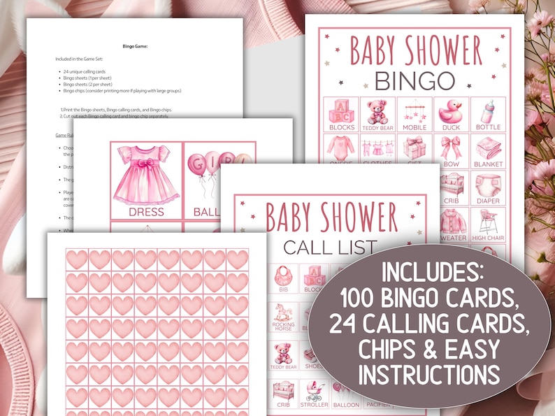 Baby Shower Girl Bingo Printable, Instant Download 100 Baby Bingo Cards ...