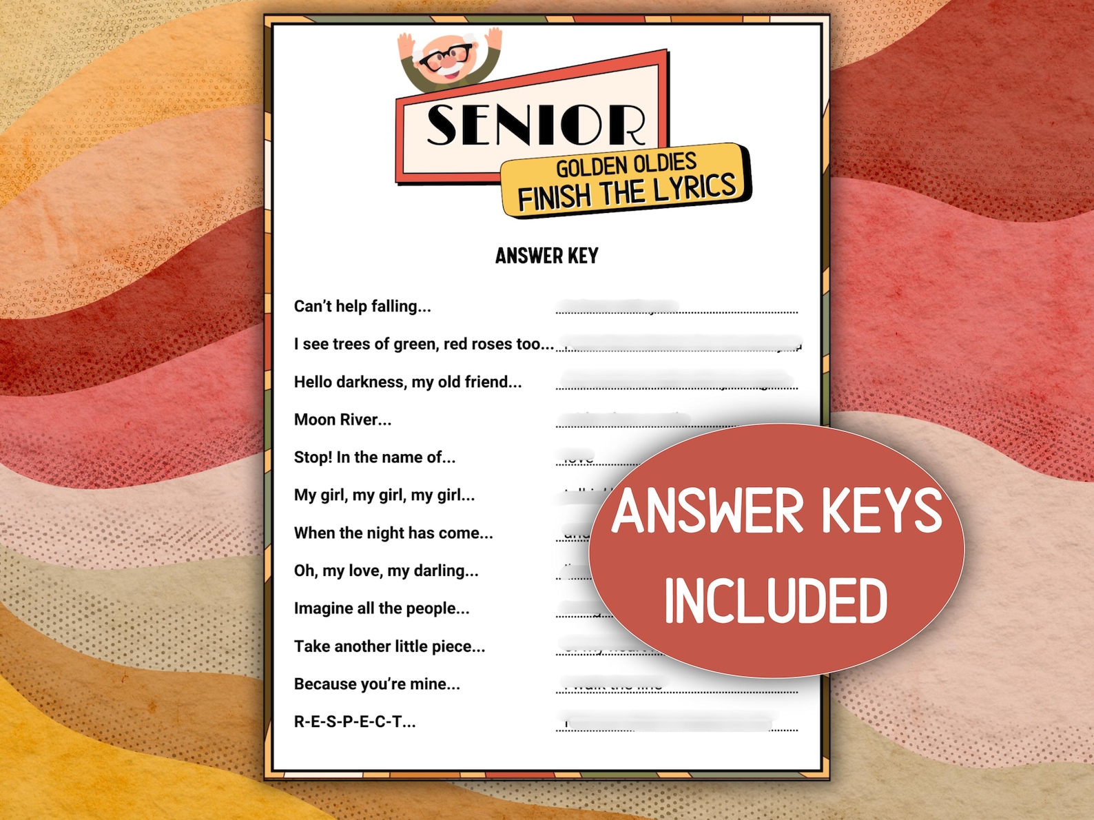 Finish the Lyrics Game for Seniors Printable, Senior Memory Game 60s ...