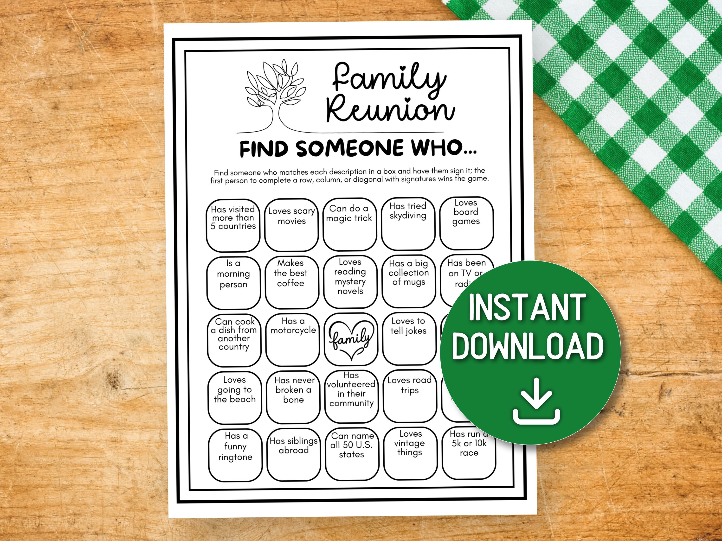 Family Reunion Bingo Games, Family Reunion Games Find Someone Who ...