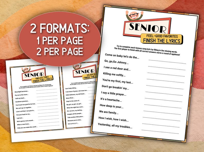 Finish the Lyrics Game for Seniors Printable, Senior Memory Game 60s ...