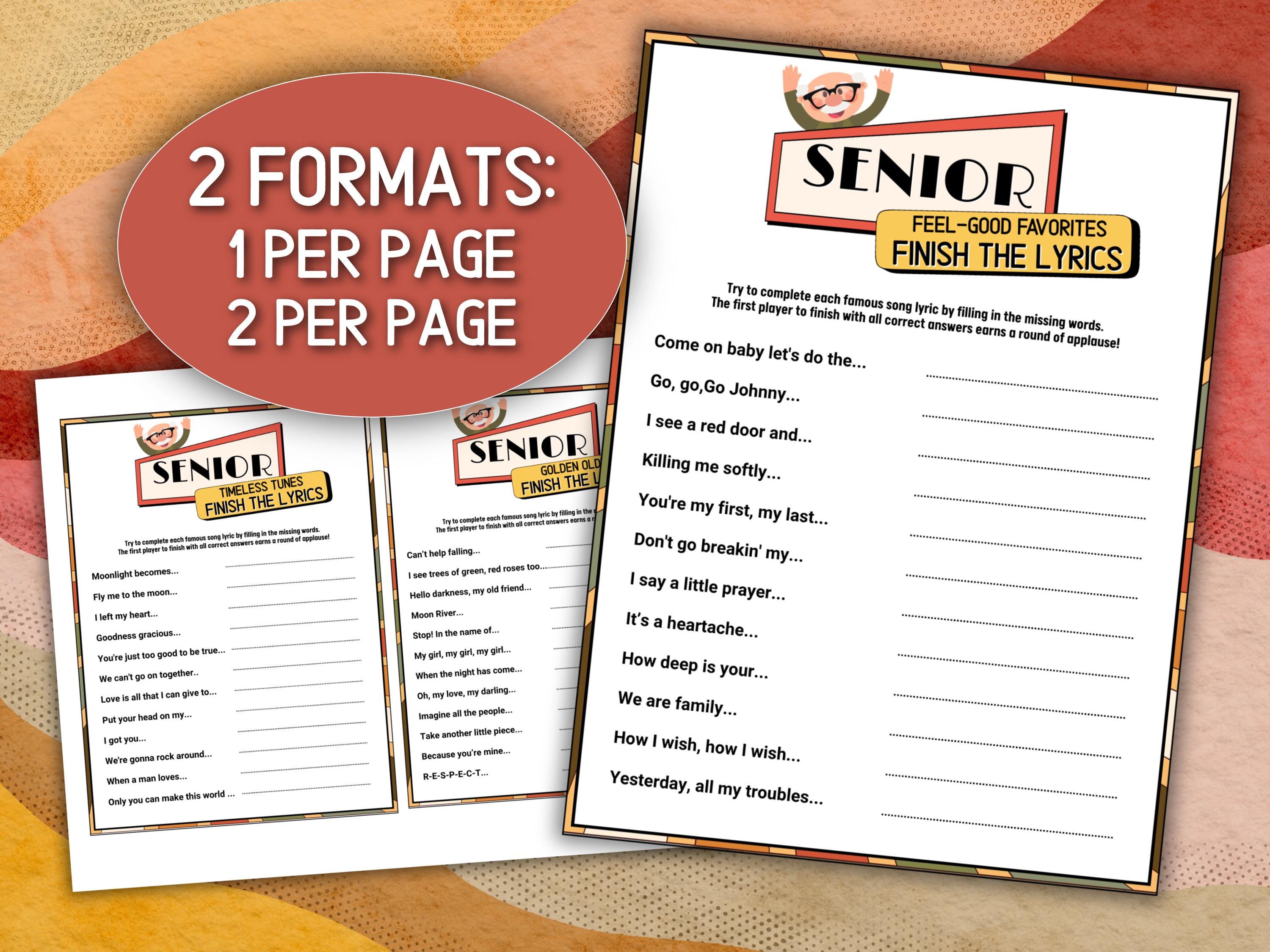 Finish the Lyrics Game for Seniors Printable, Senior Memory Game 60s ...