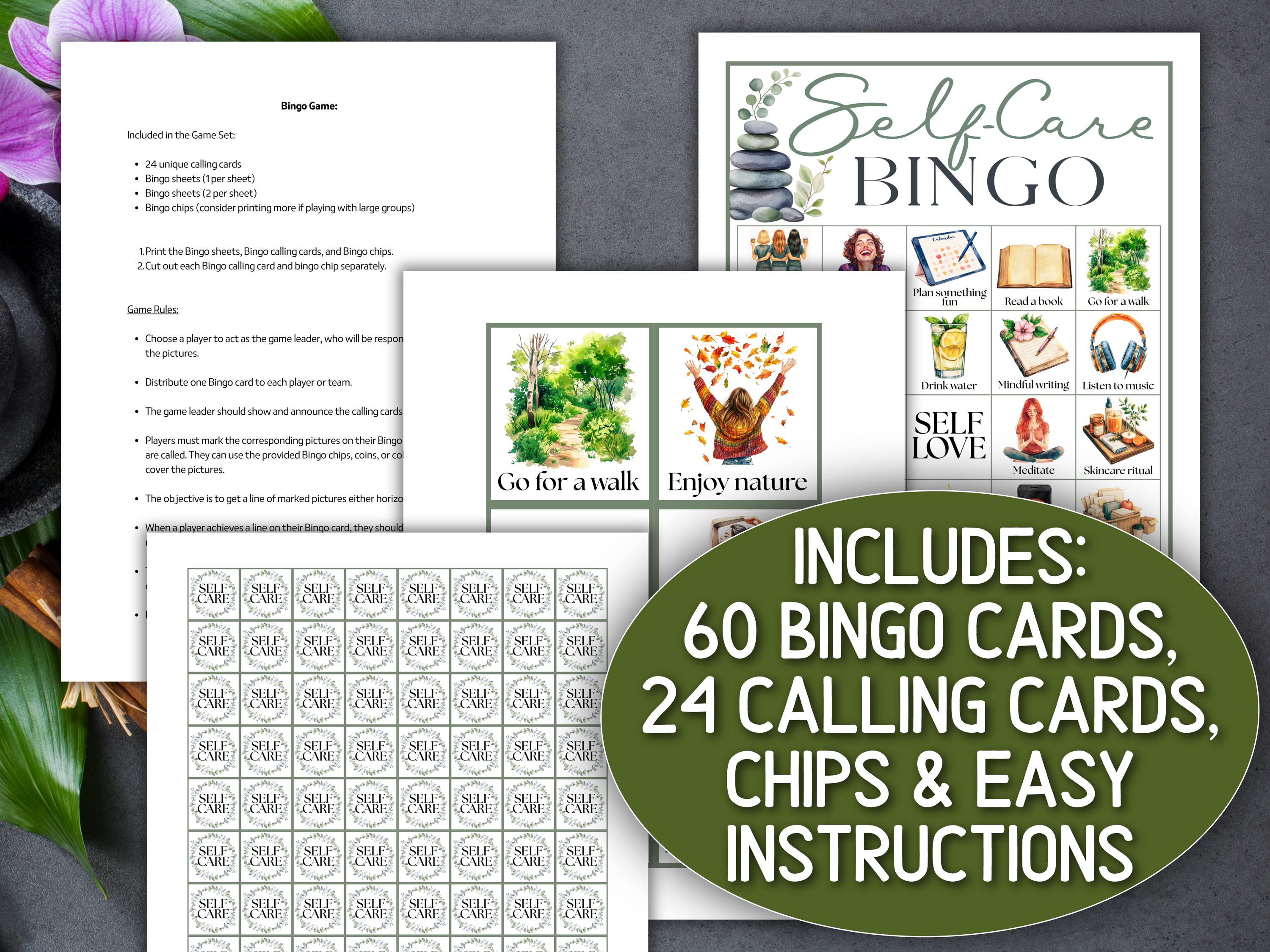 Self-care Bingo Game, Wellness Activity, 60 Bingo Cards Mental Health ...
