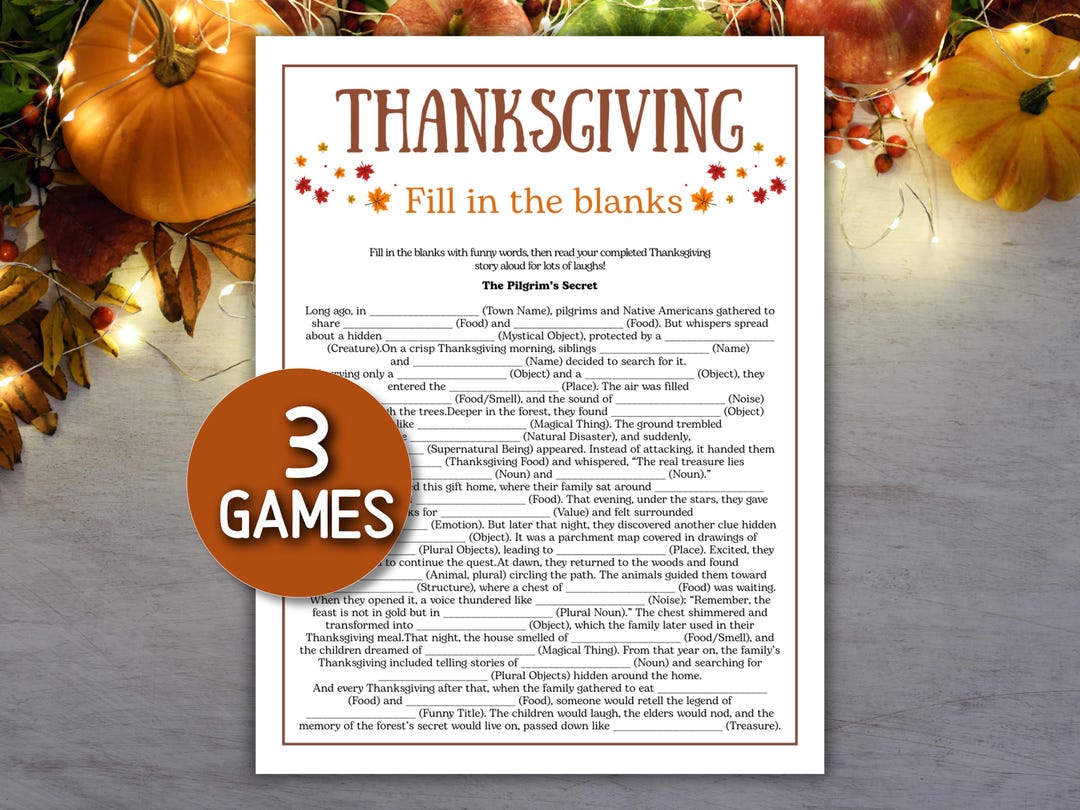Thanksgiving Fill in the Blanks Printable Games, Mad Libs Story Quick ...