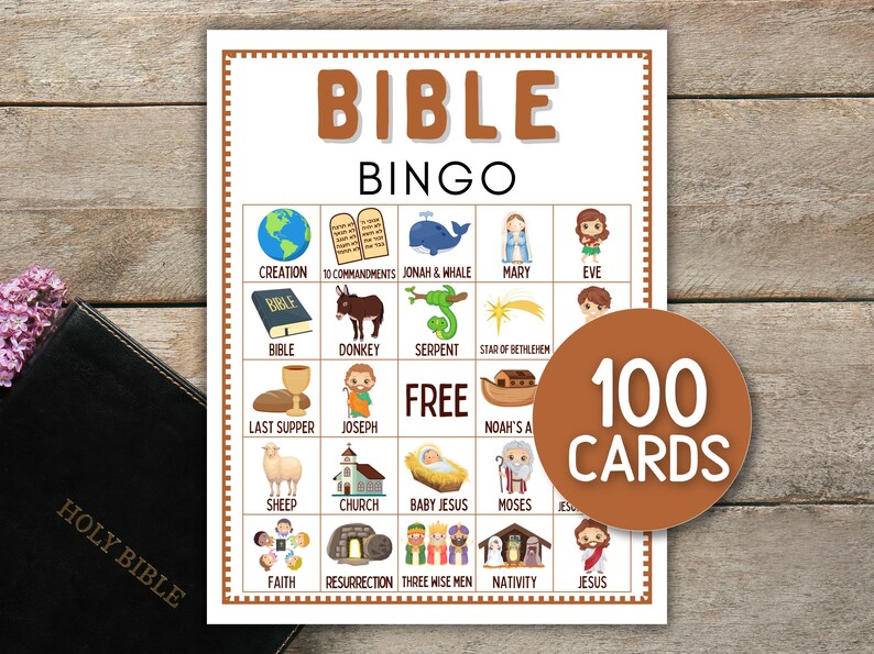 100 Bible Bingo Cards Printable, Bible Activity for Kids Sunday School ...
