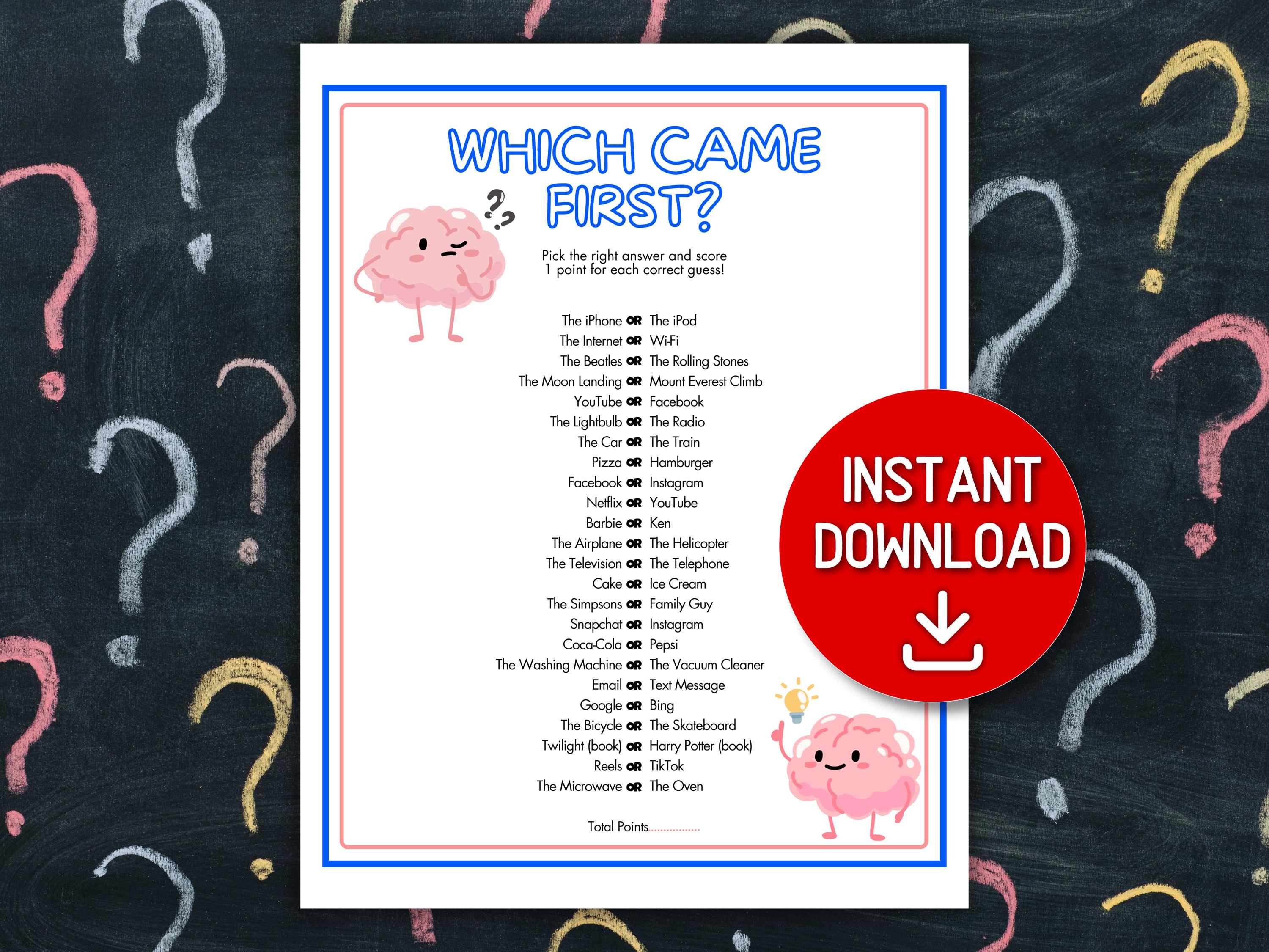 Which Came First Trivia Game, Printable Trivia Sheets Work Office Game ...