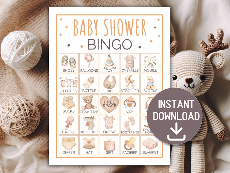 Baby Shower Bingo With Cards Neutral, Baby Bingo for 100 People Brown ...
