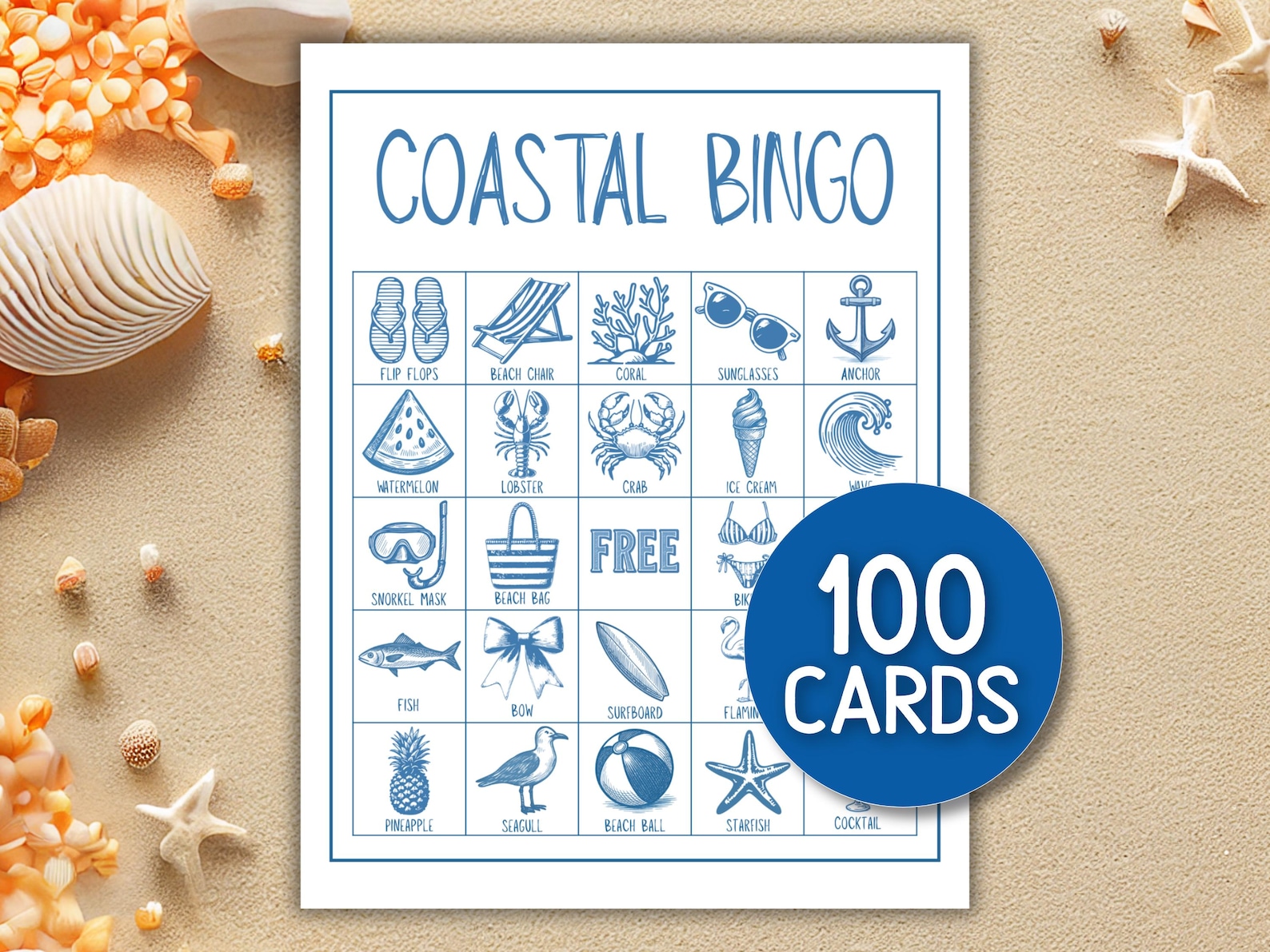 Beach Bingo Game Printable, Coastal Bingo Cards 100 Bingo Summer Party ...