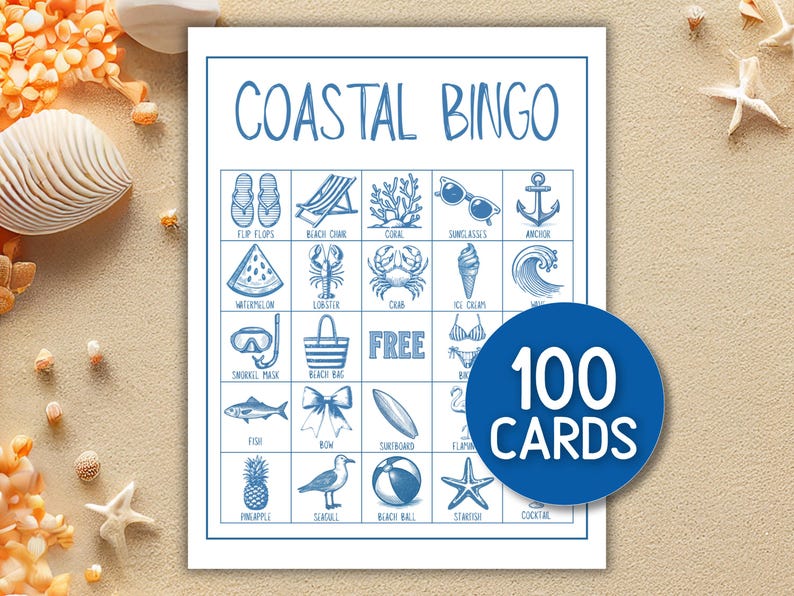 Beach Bingo Game Printable, Coastal Bingo Cards 100 Bingo Summer Party ...