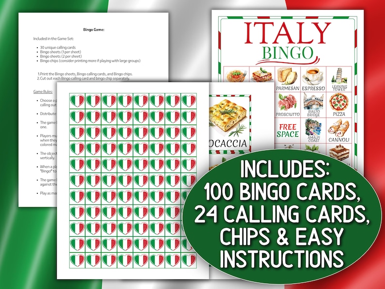 Italy Bingo Game: 100 Printable Italian Cards, Family Fun (digital ...