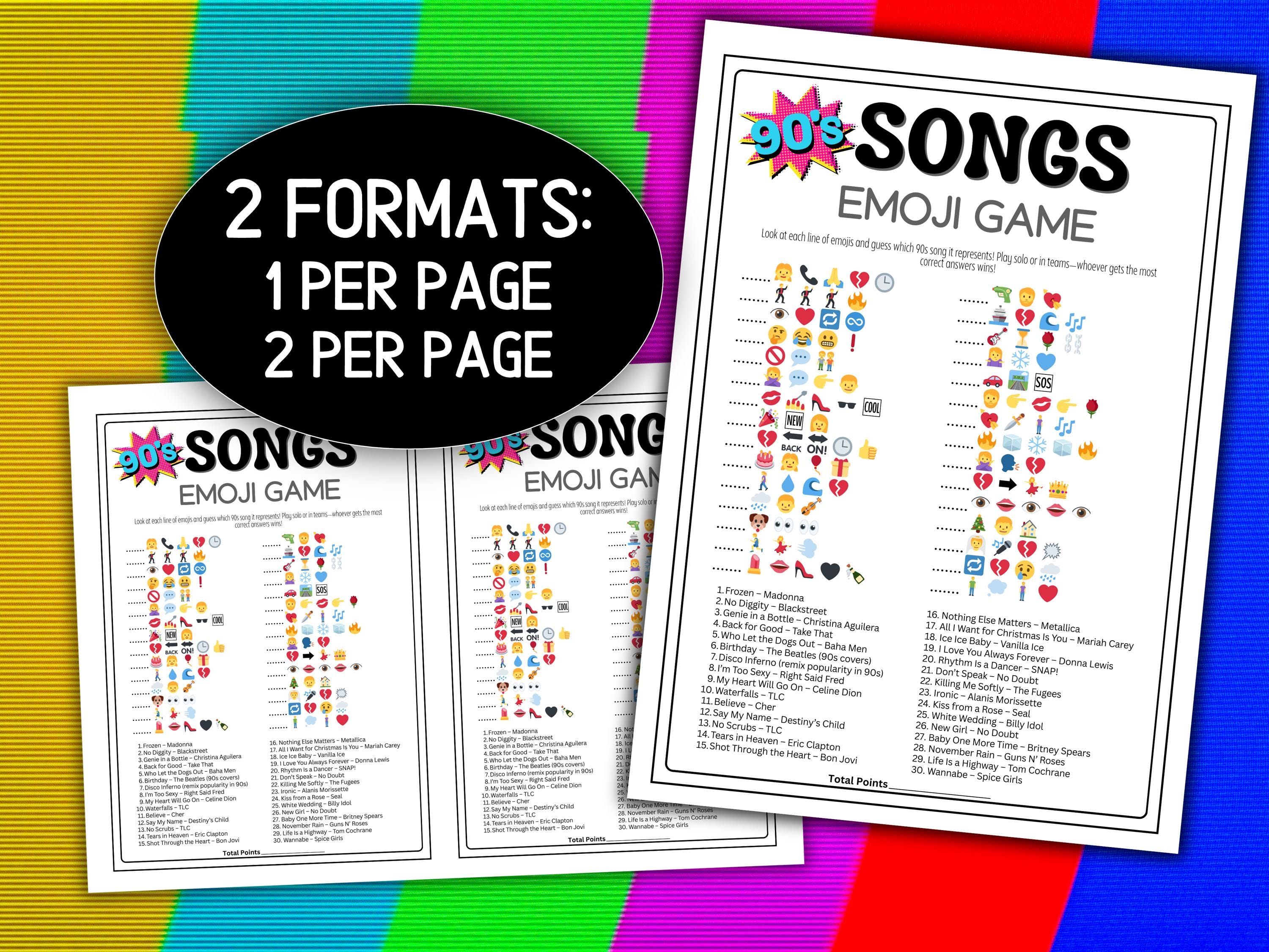 Emoji Song Game 90s Songs Emoji Printable Party Game 90s Music Trivia ...