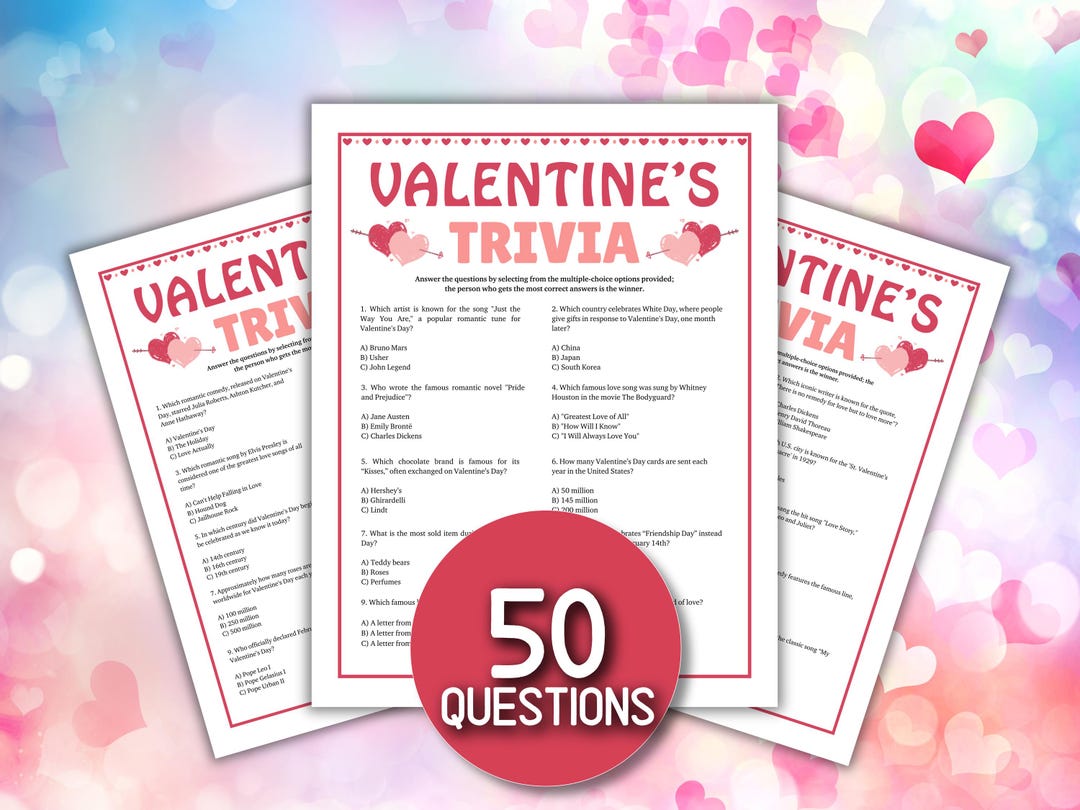 Valentine Trivia Game and Answers, Printable Valentines Day Trivia Work ...